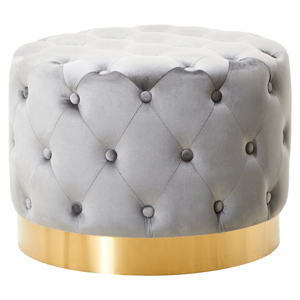 Lysandra grey velvet stool with matte gold finish metal base ...
